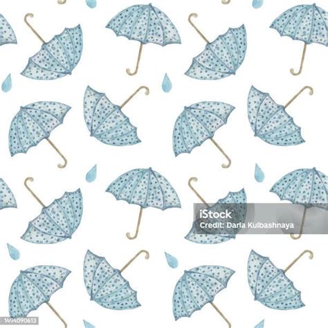 파란색 우산이 있는 수채화 원활한 패턴입니다 간단한 아이 배경입니다 귀여운 우산과 빗방울 비오는 날 재미있는 비 수채화에 대한 스톡 벡터 아트 및 기타 이미지 Istock