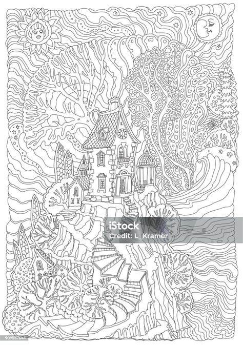 환상의 바다 풍경입니다 환상적인 섬에 동화 속 중세 성입니다 양식된 한 단풍 T셔츠 인쇄입니다 앨범 표지 카드입니다 성인과 어린이 책 페이지를 색칠 흑인과 백인 드로잉에