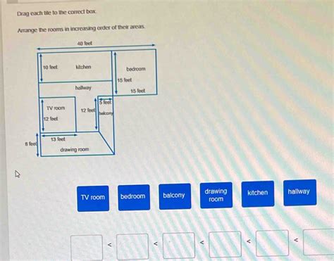 solved drag each tile to the correct box arrange the rooms in increasing order of their areas