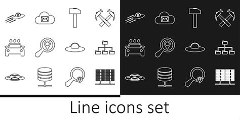 라인 서버 데이터 웹 호스팅 폴더 트리 해머 검색 위치 세차장 Ufo 비행 우주선 및 외계인 클라우드 메일 서버 아이콘을 설정합니다 벡터 건설 산업에 대한 스톡 벡터 아트