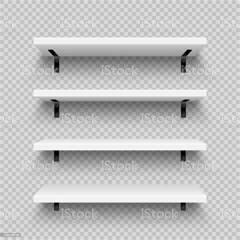 벽걸이가 있는 현실적인 흰색 상점 선반 빈 제품 선반 식료품 벽 선반 쇼핑몰 및 슈퍼마켓 가구 책장 현대 인테리어 디자인 요소 방 장식 벡터 그림 0명에 대한 스톡 벡터