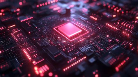 Circuit Board With Red Glowing Processor Stock Illustration