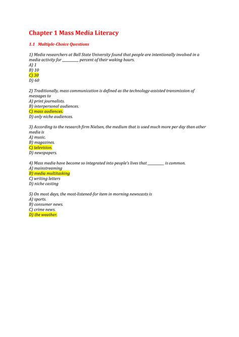 Midterm 1 Mcq A Mcq Practice Materials Chapter 1 Mass Media