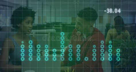 Animation Of Statistical Data Processing Over Diverse Man And Woman Discussing Over Laptop At