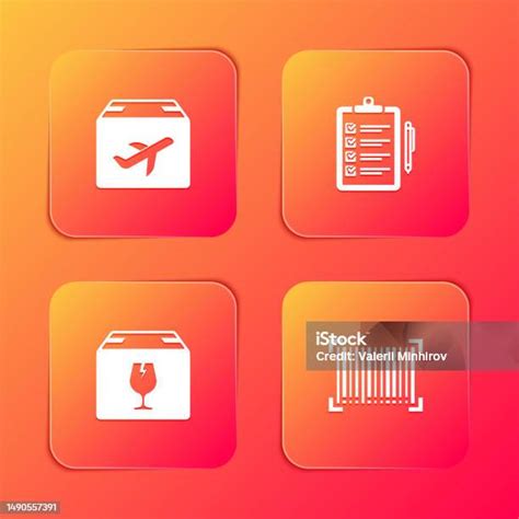 비행기 및 판지 상자 설정 배송 목록 확인 깨지기 쉬운 내용물이 포함된 배송 및 바코드 아이콘 벡터 벡터에 대한 스톡 벡터 아트 및 기타 이미지 Istock