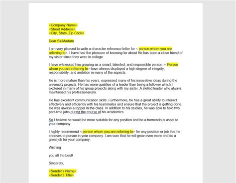 Character Reference Letter Template Character Reference Letter Character Reference Template
