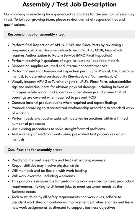 Assembly Test Job Description Velvet Jobs