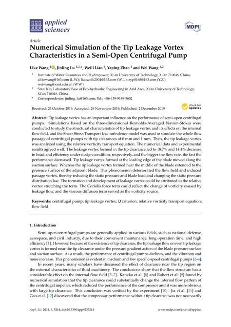 Pdf Numerical Simulation Of The Tip Leakage Vortex Characteristics In A Semi Open Centrifugal Pump