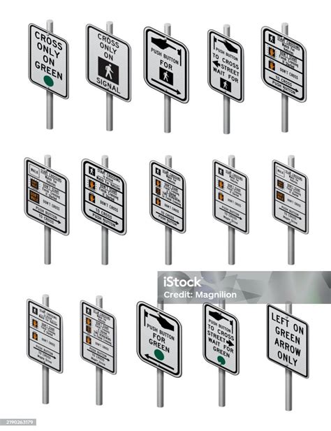 도시 환경에서 안전 및 도로 규제를 위해 설계된 금속 기둥에 텍스트 지침이 있는 다양한 보행자 및 교통 횡단 표지판 세트입니다 아이소메트릭 벡터 세트 0명에 대한 스톡 벡터
