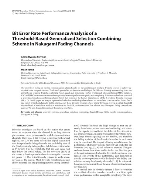 Pdf Bit Error Rate Performance Analysis Of A Threshold Based