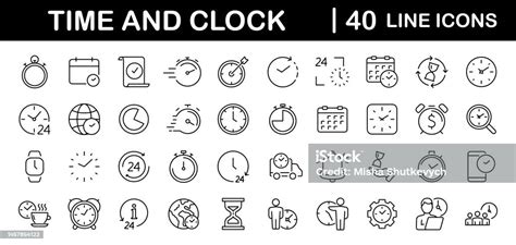 선 스타일의 웹 아이콘의 시간 및 시계 세트입니다 시간 관리 타이머 속도 날짜 카운트 다운 알람 복구 시간 시계 시계 달력 웹 및 모바일 앱을위한 간단한 아이콘 벡터 그림