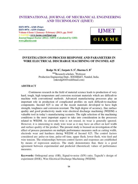 Pdf Investigation On Process Response And Parameters In Wire Electrical Discharge Machining Of