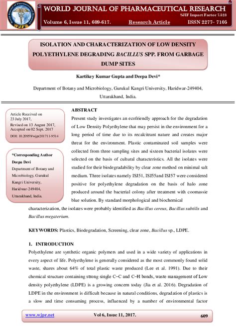 Pdf Isolation And Characterization Of Low Density Polyethylene Degrading Bacillus Spp From
