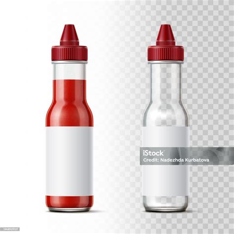 유리 토마토 케첩 병 플라스틱 뚜껑 디스펜서가 있는 사실적인 3d 포장 투명 한 배경에 전체 또는 빈 컨테이너 빈 라벨이 붙은 푸드 드레싱 패키지 벡터 개념 살사에 대한