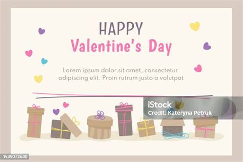 축제 편지 선물 상자 하트가있는 발렌타인 데이 인사말 카드 많은 다채로운 거품과 심장이 공중에서 날아갑니다 휴일 선물 낭만적 인 저녁 식사 파티 결혼식 데이트를위한 벡터