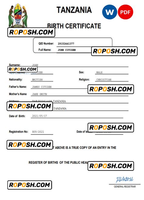 Kenya Vital Record Birth Certificate Word And Pdf Template Completely Editable Roposh