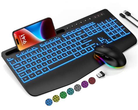 Wireless Keyboard And Mouse Set 7 Colored Backlit Wrist Rest Rechargeable Ergonomic Keyboard
