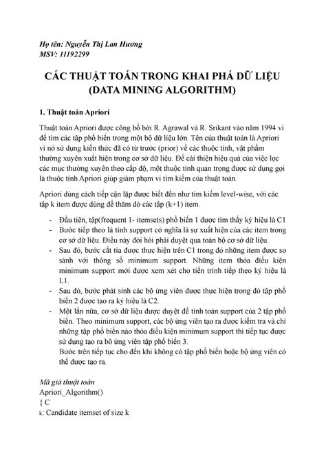 Data Mining Algorithms Họ Tên Nguyễn Thị Lan Hương Msv 11192299 CÁc ThuẬt ToÁn Trong Khai