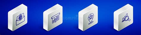 Set Isometric Line Mail And E Mail Board With Graph Chart Map Pointer Star And Magnifying