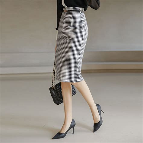 포스티 스타일온미 딜시 고방 체크 벨트set 슬림 H라인 미디 스커트