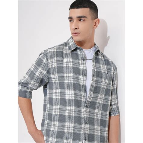 Buy Highlander Men Grey Cotton Blend Checks Relaxed Fit Shirt Online