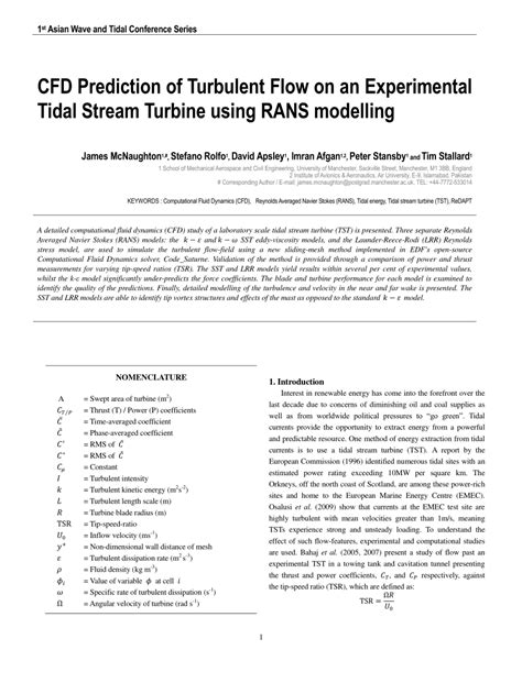 Pdf Cfd Prediction Of Turbulent Flow On An Experimental Tidal Stream
