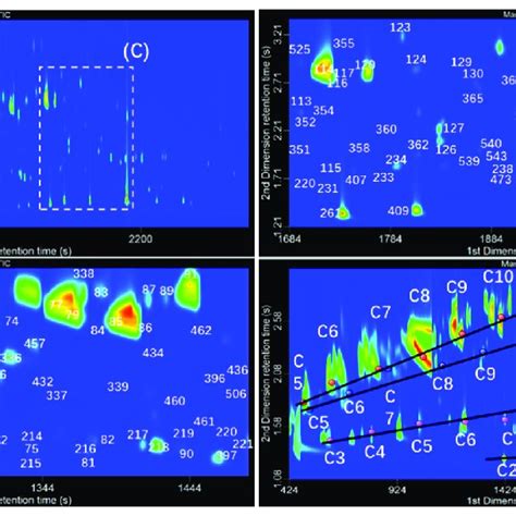 a complete 2d contour plot b and c present detailed portions of