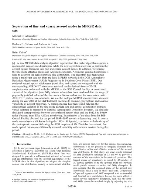 Pdf Separation Of Fine And Coarse Aerosol Modes In Mfrsr Data Sets
