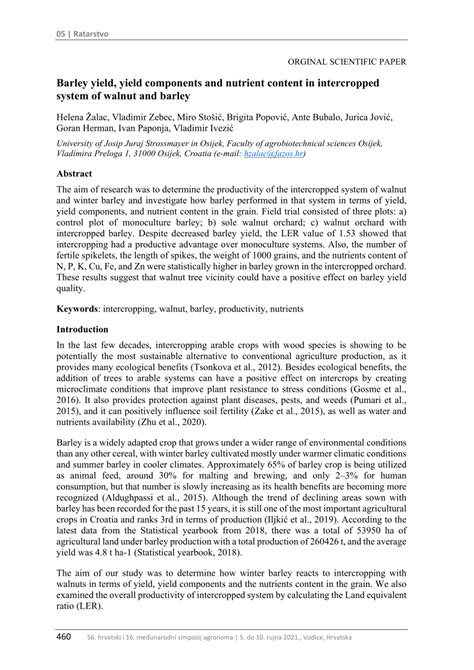 Pdf Barley Yield Yield Components And Nutrient Content In Intercropped System Of Walnut And