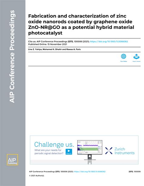 PDF Fabrication And Characterization Of Zinc Oxide Nanorods Coated By Graphene Oxide ZnO NR GO