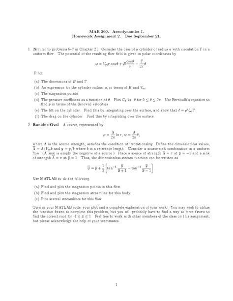 Homework Assignment On Aerodynamics Mae 360 Docsity