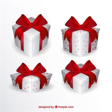 빨간 리본이 달린 흰색 선물 상자 팩 무료 벡터