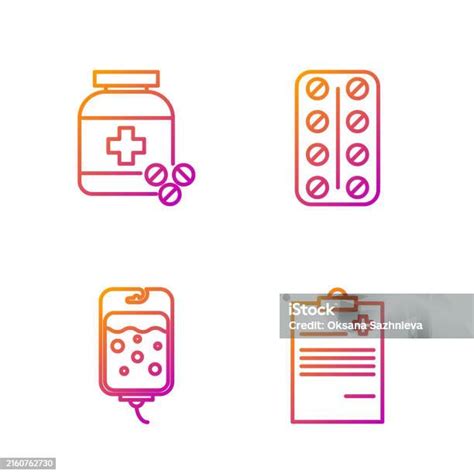 임상 기록 Iv 백 약 병 및 알약 및 물집 팩의 알약이 있는 세트 라인 의료 클립보드 그라디언트 색상 아이콘 벡터 0명에 대한 스톡 벡터 아트 및 기타 이미지 Istock