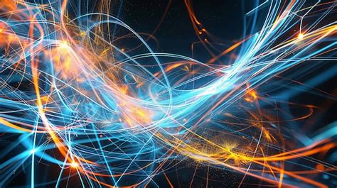 Pulsating Network Of Dynamic Lines In Blue Orange And White On Dark Background With Watermark