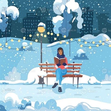 خرید و قیمت دانلود وکتور زن جوانی در پارک زمستانی شهر روی نیمکت می