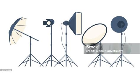 블로깅 브이로깅 스튜디오 사진 및 비디오를 위한 다양한 유형의 전문 조명 장비 벡터 일러스트 레이 션입니다 디자인에 대한 스톡 벡터 아트 및 기타 이미지 Istock