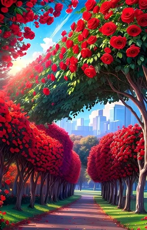 Nature S Beauty Trees And Flowers Painting