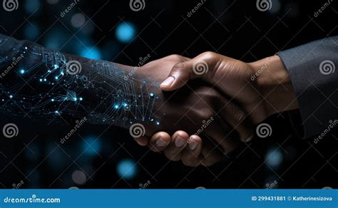 African American Man Shaking Hands With Digital Cyborg Half Human And Half Robot Collaboration
