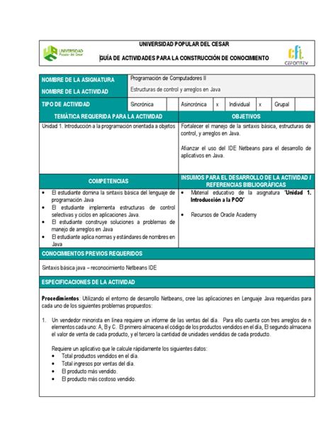 actividad 3 estructuras de control y arreglos en java pdf java lenguaje de programación