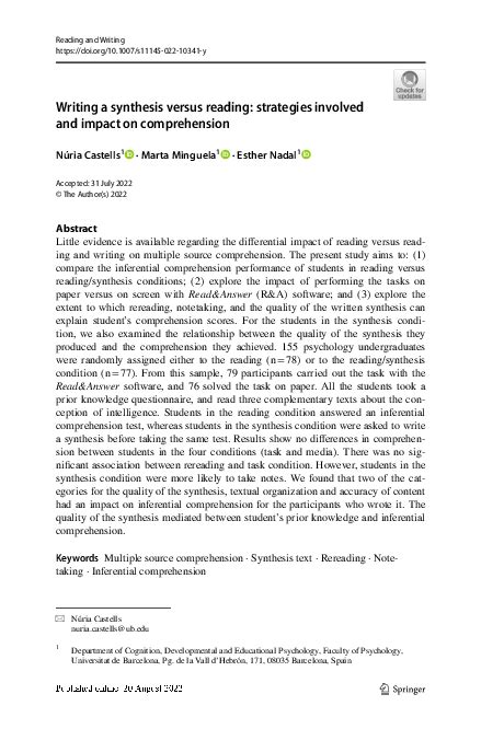 Pdf Writing A Synthesis Versus Reading Strategies Involved And Impact On Comprehension