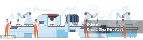 공장 생산 라인 사람들 컨베이어 및 조립 작업자 자동화된 전자 장비 산업 공정 컨트롤러 제조 기술 플랜트 장비 벡터 개념 개념에