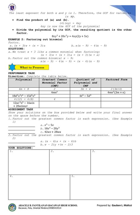 Factoring Polynomials With Common Monomial Factor Docx