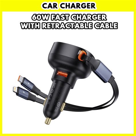 Premium W Fast Charge Car Charger With Retractable Cable USB Type C Charging Cable Car