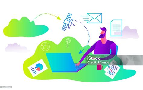 웹 디자인 프리 젠 테이 션 인포 그래픽 방문 페이지에 대 한 만화 캐릭터 그림 Man은 클라우드 서비스를 사용 합니다 직원은 사무실에 있는 컴퓨터에 앉 습니다 3차원