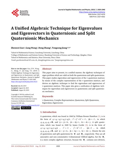 Pdf A Unified Algebraic Technique For Eigenvalues And Eigenvectors In