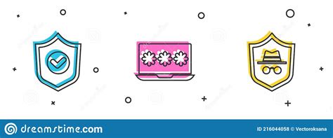 Set Shield With Check Mark Laptop Password And Incognito Mode Icon Vector Stock Vector