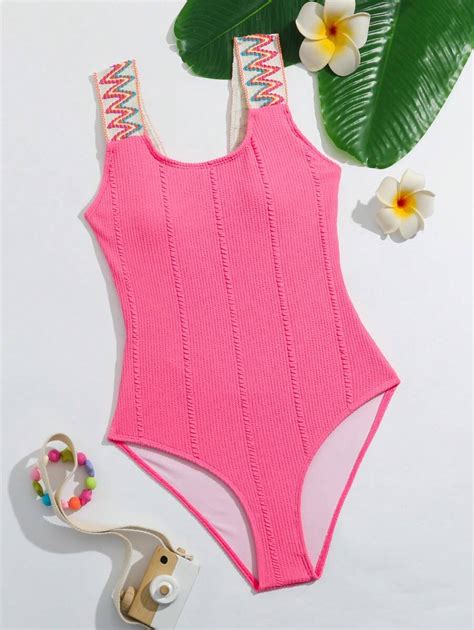 Tween Girl One Piece Casual Swimsuit With Special Striped Fabric And