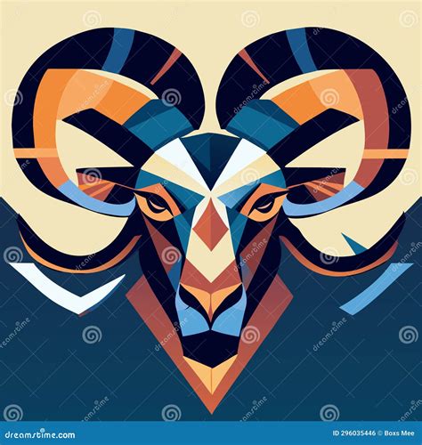 Vector Illustration Of Ram Head With Abstract Geometric Ornament In Blue And Orange Colors Ai
