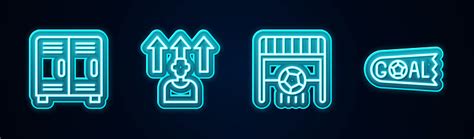 라인 사물함 또는 탈의실 축구 축구 선수 골 및 골 축구를 설정하십시오 빛나는 네온 아이콘입니다 벡터 0명에 대한 스톡 벡터 아트 및 기타 이미지 Istock