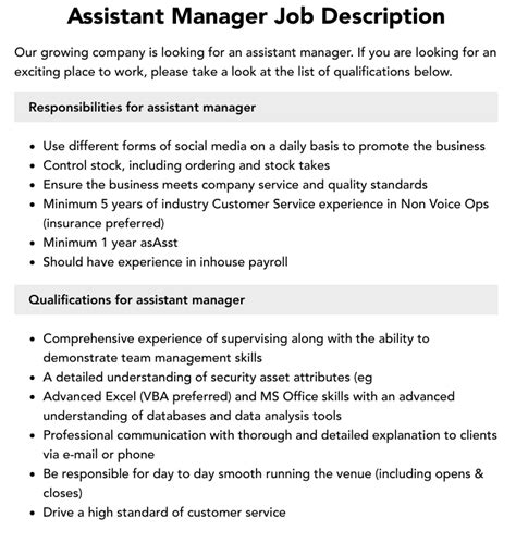 Assistant Manager Job Description Velvet Jobs